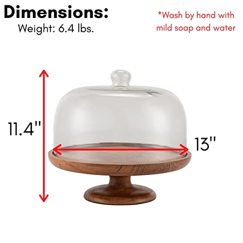 BIRDROCK HOME Cake Stand with Glass Dome and Wood Base - Wood Iron Dessert Serving Tray - Rustic Farmhouse Dessert Stand - Modern Party Oversized Server - Table Kitchen Home Display - Round