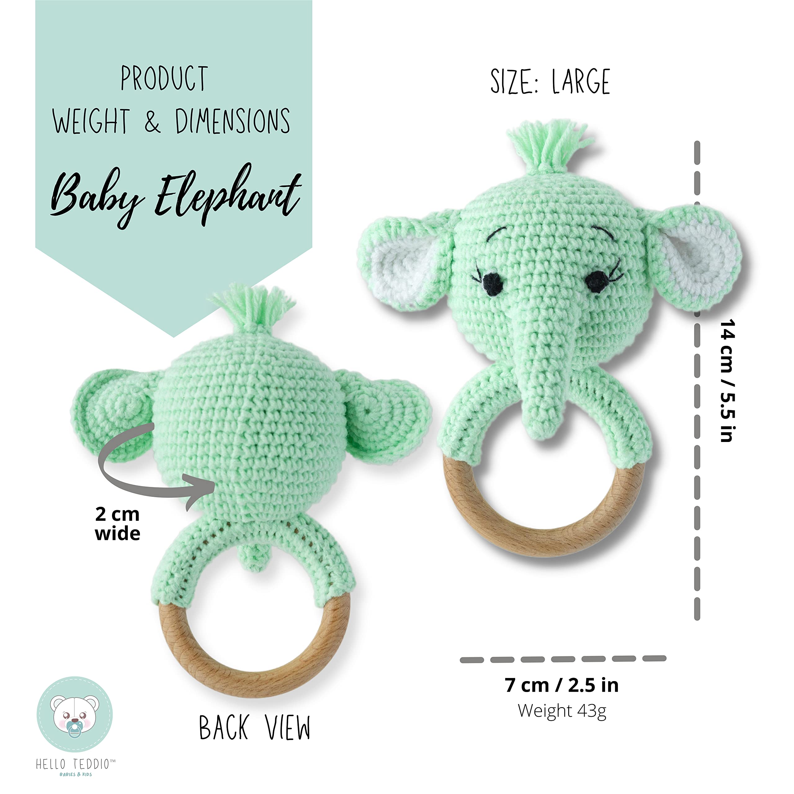 Hello Teddio Baby Rattle Teething Toy, Smooth Wooden Easy Grip Ring, Gender Neutral Baby Gifts