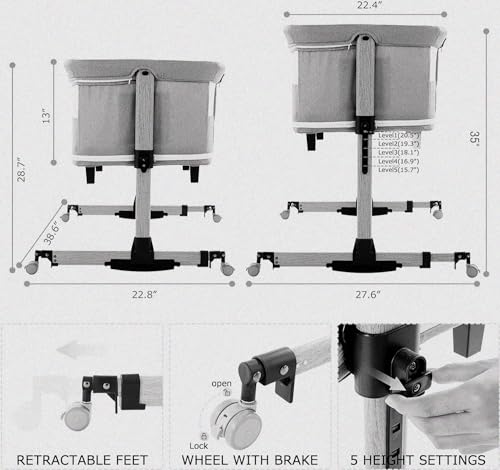 Baby Bedside Bassinet with Wheels and Storage, 3 in 1 Travel Baby Crib Bedside Crib with 5 Adjustable Height, Portable Baby Bed Co Sleeper