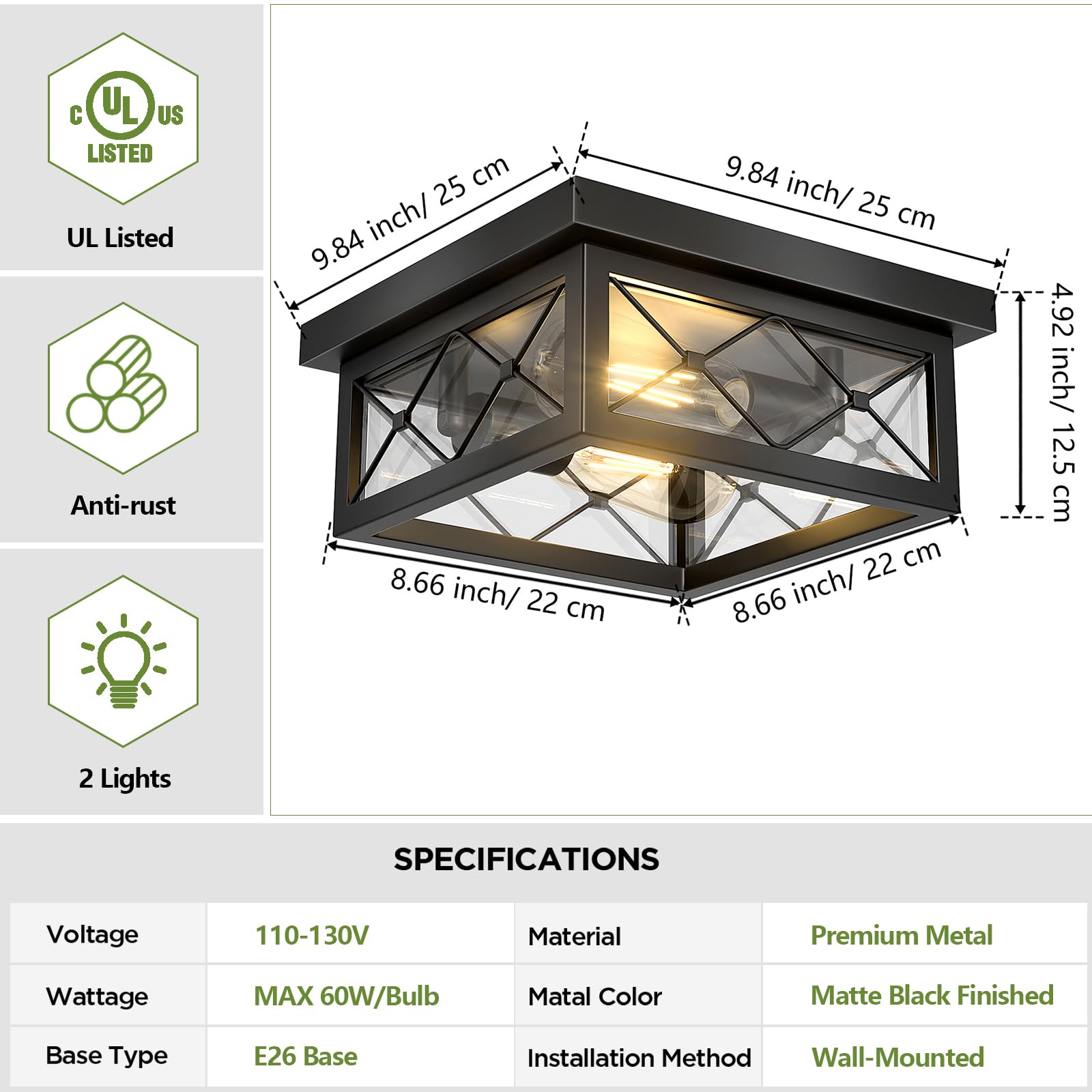 Asnxcju Farmhouse Light Fixtures Ceiling Mount, 2-Light Black Flush Mount Ceiling Light with Clear Glass Shade, Metal Cage Square Close to Ceiling Lamp for Bathroom Kitchen Porch (Bulbs Not Included)