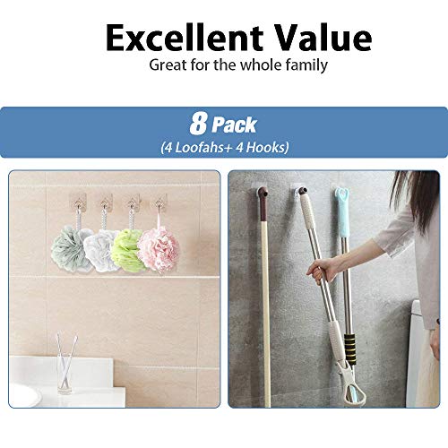 Bath Shower Sponge Loofahs, Large 60g Mesh Pouf Shower Ball 4pcs+ 4pcs Hooks, Nature Bamboo Charcoal Soft Body Scrubber Exfoliating for Silky Skin, Full Cleanse, Rich Lather