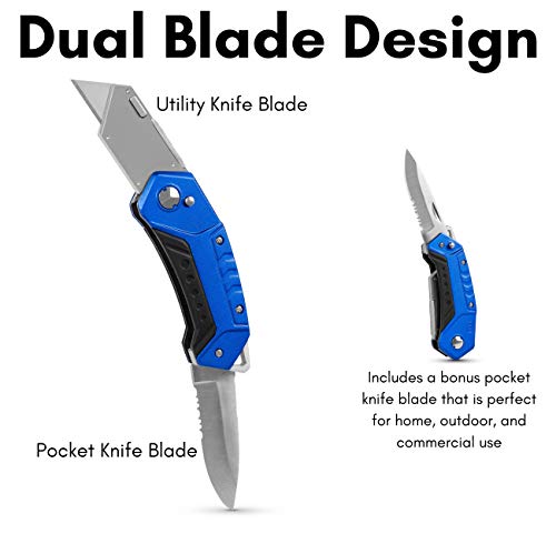 BirdRock Home Premium Folding Utility Knife with Sport Blade – Small Compact Pocket – Folding Box Cutter Tool – 3 Extra Razor Blades – Cut Cardboard Boxes – Locking Safety Knife Set – Heavy Duty