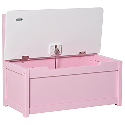 Qaba 2-in-1 Kids Wooden Toy Organizer Chest Storage Box with Seat Bench Cabinet Chunk Cube with Safety Pneumatic Rod Pink