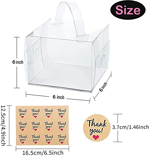 DNPHRPY 6X6X6 Inches 20pcs Clear Cake Boxes with Handles & Cake Boards, Bakery Box with Handles for Mother's Day Gifts, Desserts, and Cupcakes, Disposable Bakery Containers, 1 Ribbon & 4 Stickers