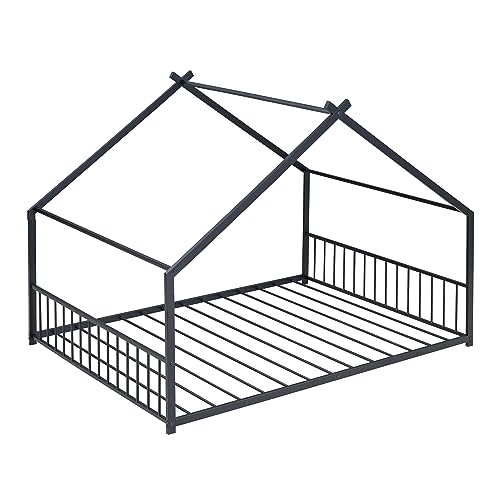 DNYN Twin Size Metal House Bed with Roof Design for Kids Bedroom,Sturdy Steel Bedframe,No Box Spring Needed, Black