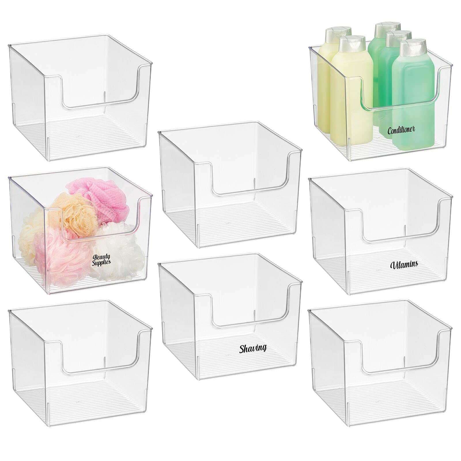 mDesign Deep Plastic Home Storage Organizer Bin - Container for Bathroom - Open Front Design - 8 Bins + 32 Labels - Clear