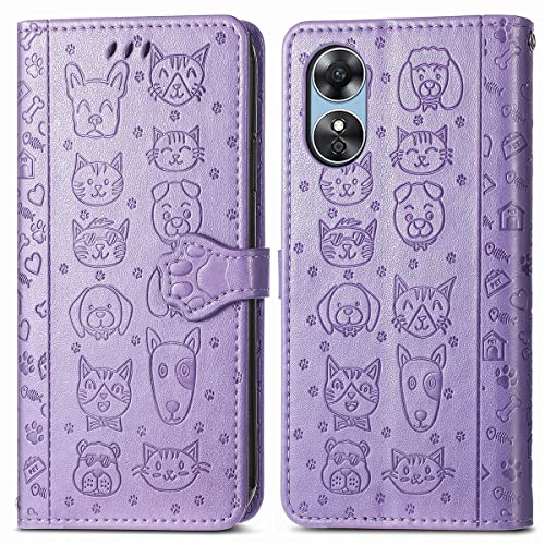 CCSmall for Oppo A17 PU Leather Flip Wallet Case, Cute Cat Dog Cartoon Style with Card Slots Holder Phone Cover Case for Oppo A17 MG Purple