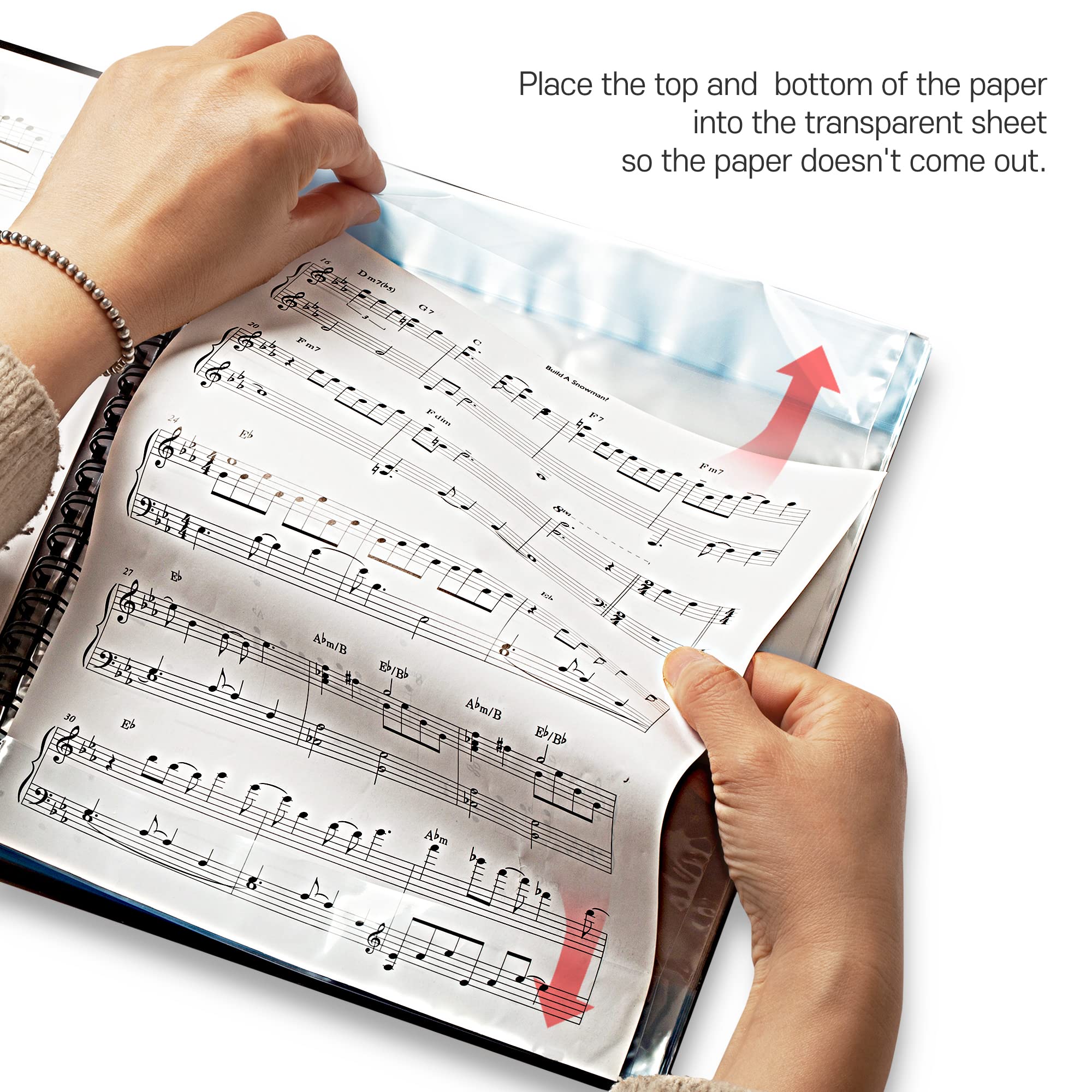 MECCALINE Sheet Music Folder (1 Pack, Black) – 40 Sleeves Display 80 Pages Spiral Binder Organizer for Music Stand – Fits Letter Size 8.5 x 11 Inch – Direct Page Writing with Detachable Name Tag