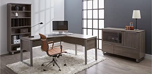 Unique Furniture Modern Zelma 5-Shelf Bookcase with Adjustable Shelves, Metal Frame Base, Freestanding for Office, Living Room, Bedroom, Library, Study Room, 13 x 32 x 72 in., Grey