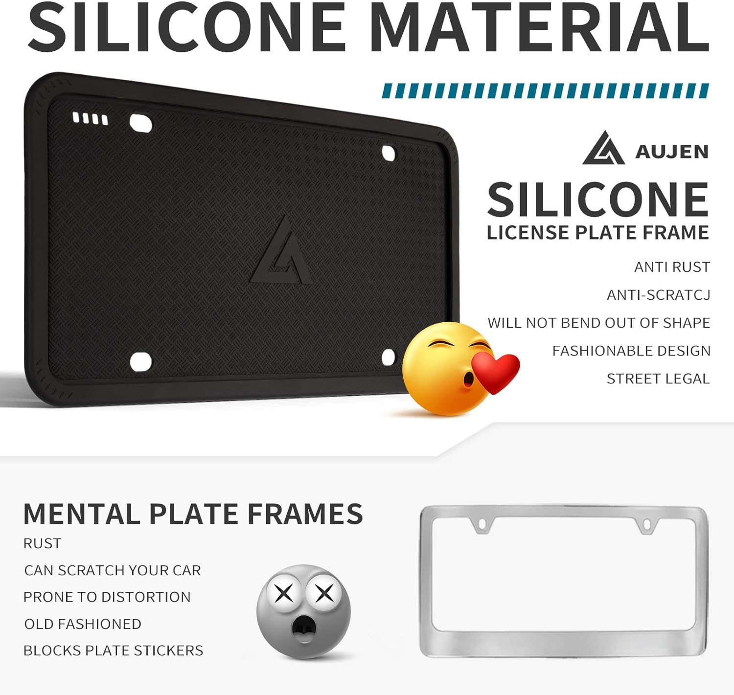 Aujen Silicone Black License Plate Frames, 2 Pack Universal Car License Plate Holders, Rust-Proof and Weather-Proof Accessories (Black)