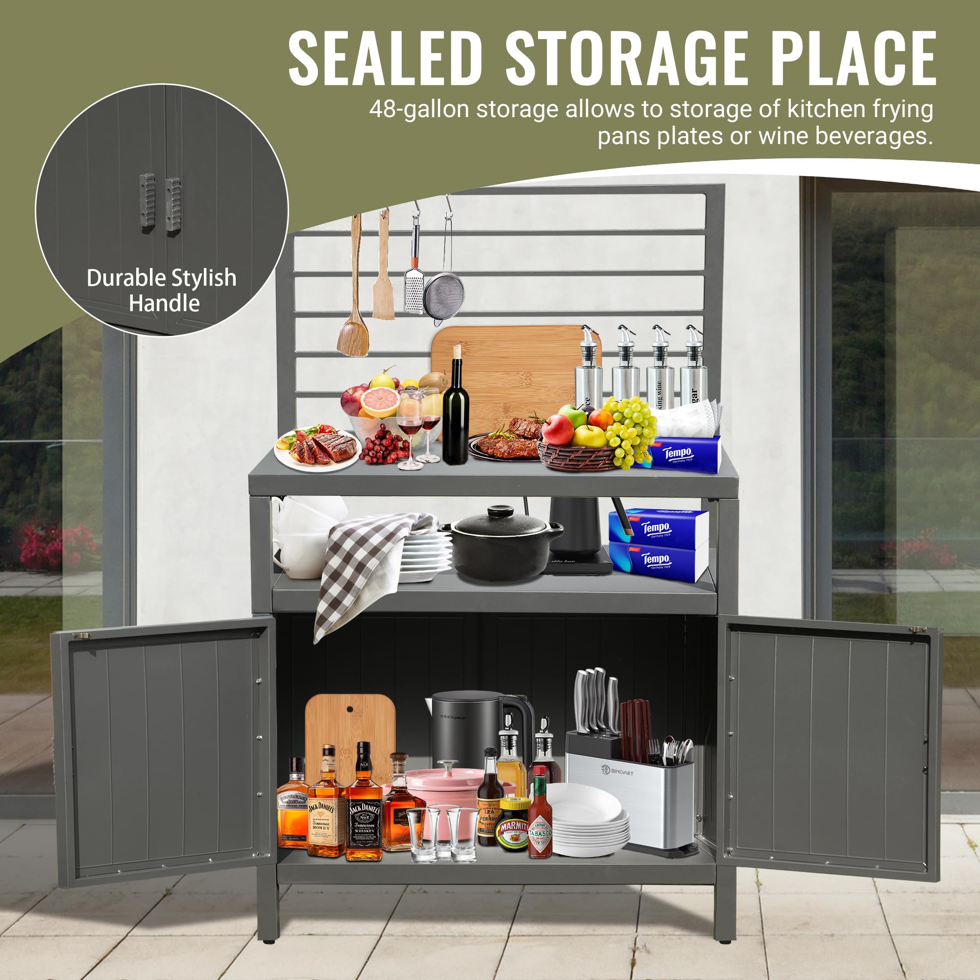 Domi Outdoor Kitchen Series, Modular Kitchen Island Counter with Whole Aluminum Finish & Shelf & Wall Hanging & Countertop & Storage Box & Cover, BBQ Grill Table for Deck Patio, Dark Gray