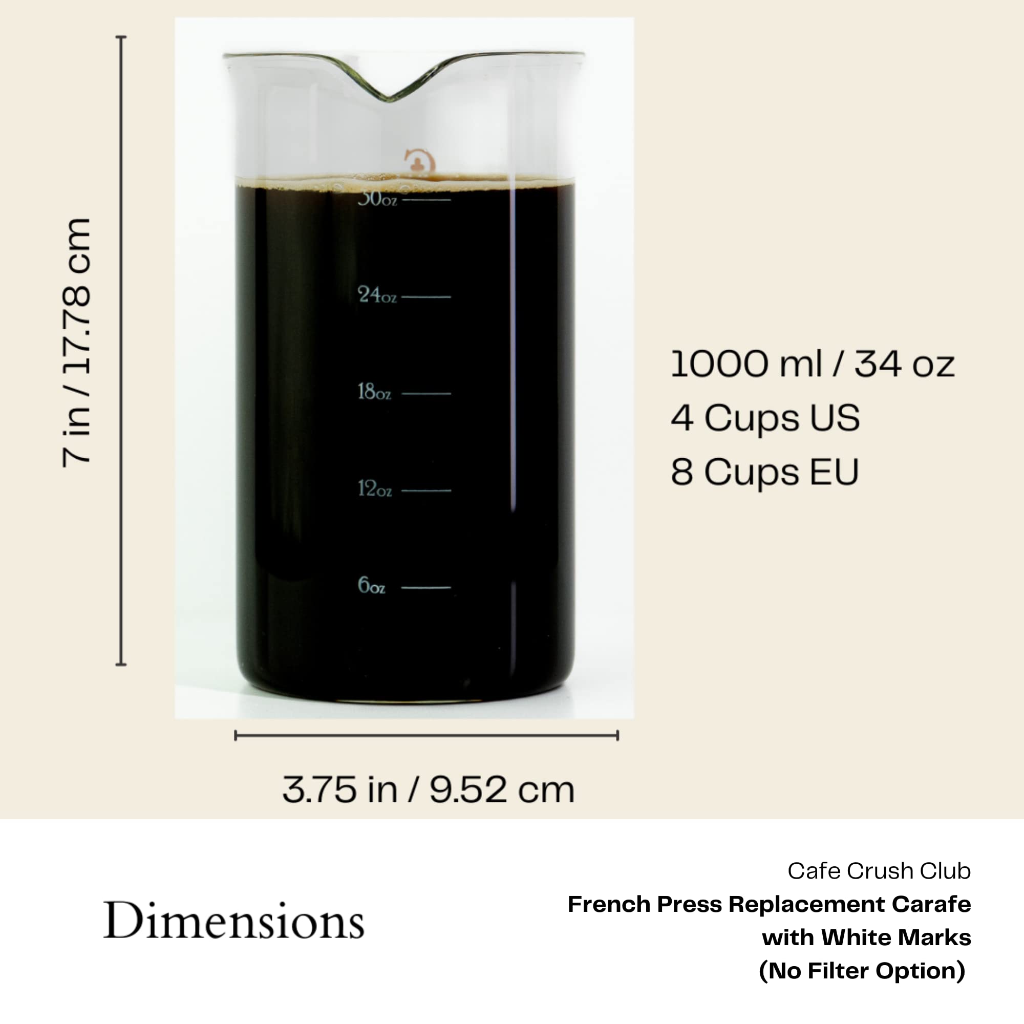 French Press Replacement Glass by Cafe Crush Club - Fire Hardened Borosilicate Beaker - 34 Ounce | 1 Liter Size with White Measures