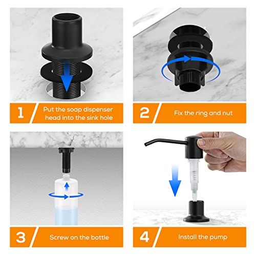 Built in Soap Dispenser for Kitchen Sink Matte Black Soap Dispenser Pump Stainless Steel Pump Head, Counter Soap Dispenser Refill from The Top with 17 Ounce PE Bottle