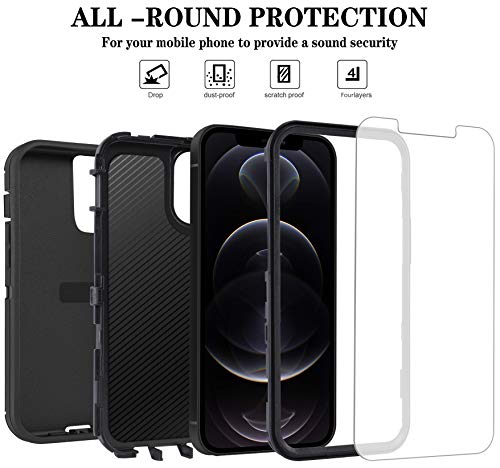 Case for iPhone 12 Pro Max Case 6.7" with 2 Screen Protector, Full Body Rugged Heavy Duty Military Grade Cover, Shockproof Drop-Proof Protection Durable Phone Case (Black)