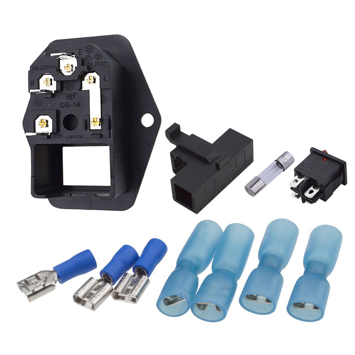 URBEST Male Power Socket 10A 250V Inlet Module Plug 5A Fuse Switch with 7Pcs Female 16-14 AWG Wiring Spade Crimp Terminals