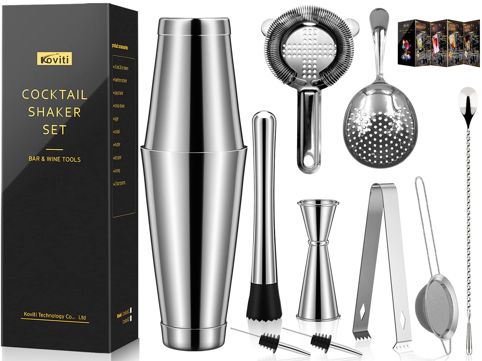Cocktail Shaker - Koviti 12 Piece Bartender Kit - Stainless Steel Cocktail Shaker Set, Premium Bar Tools : Martini Shaker, Muddler, Jigger, Mixing Spoon, Strainers, Ice Tong, Liquor Pourers