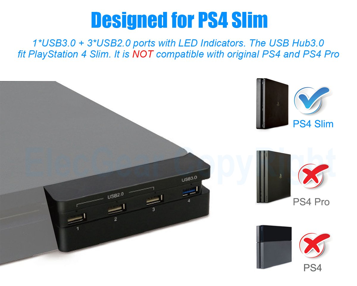 ElecGear USB Hub 3.0 for PS4 Slim, USB Extension Adapter Splitter Charging Port (1x USB3.0 and 3X USB2.0) with LED for Playstation 4 Slim CUH-2xxx