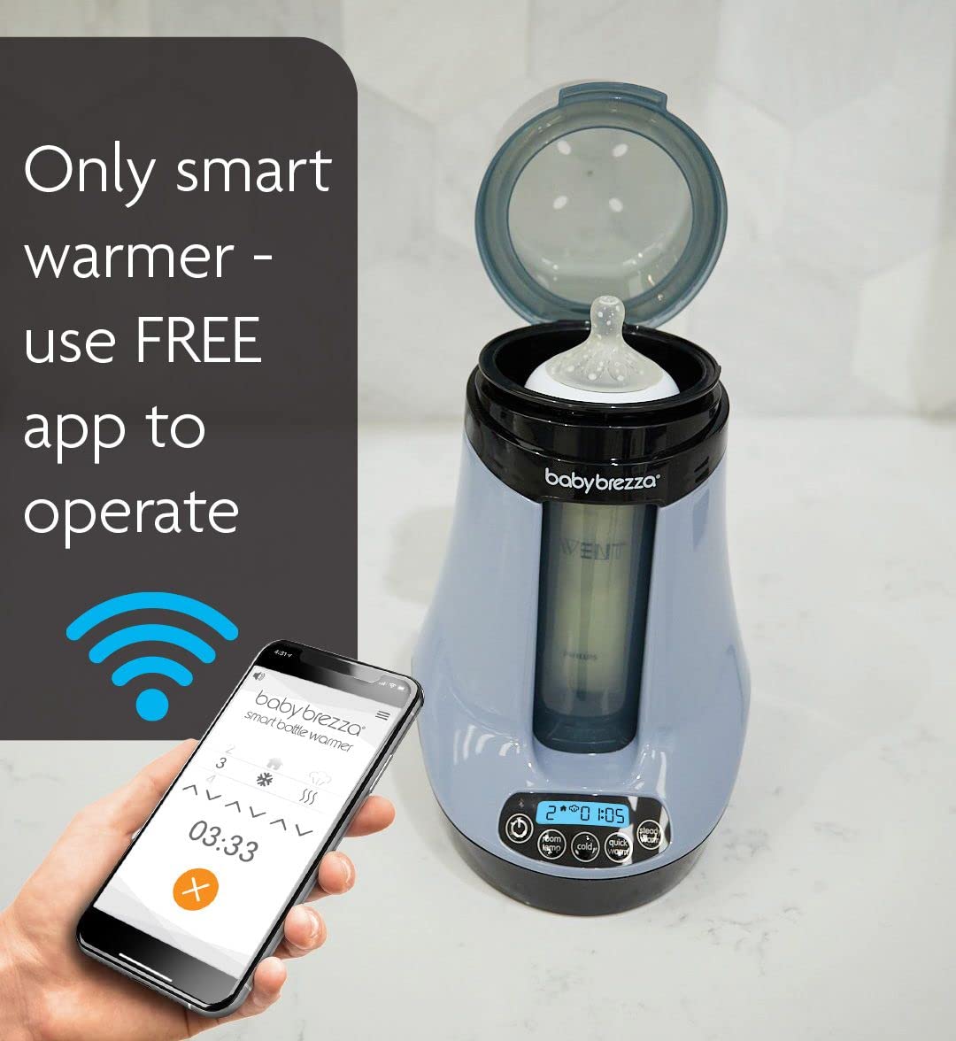 Baby Brezza Safe & Smart Electric Baby Bottle Warmer, Breastmilk Warmer + Baby Food Warmer + Defroster - Universal Warmer Fits All Feeding Bottles: Glass + Plastic β Wireless Bluetooth Control, Slate