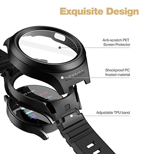 Dexnor for Galaxy Watch 4,Galaxy Watch 5 Case with Band 44mm,[Built-in Adjustable Band & Screen Protector] Rugged Military Grade Shockproof Cover with Band for Samsung Watch 4/5-44mm Women Men-Black