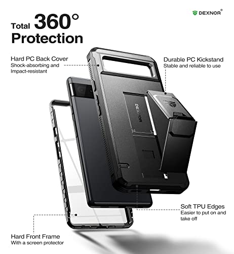 Dexnor Full Body Case for Google Pixel 6A, [Built in Screen Protector and Kickstand] Heavy Duty Military Grade Protection Shockproof Protective Cover for Google Pixel 6A, Black