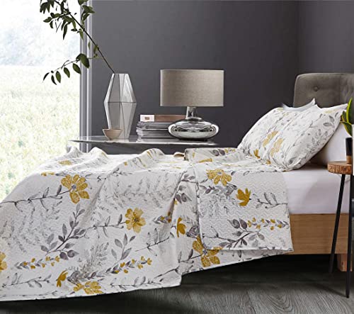 Quilt Set Queen Floral Bedspread Coverlet Queen Floral Quilts Bedding Spring Summer Lightweight Quilts Bedspread Reversible Bedding Grey Leaf Yellow Floral Quilt Collection Bedspread with Pillow Shams