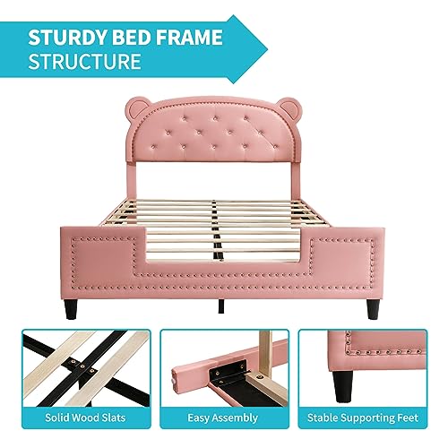 CECER Twin Bed Frames for Kids, Pink Children Platform Bed, Kid Bed Frame with Bear Shaped Headboard, Faux Leather Upholstered, Rivet Decoration, Wood Slats, No Spring Box Needed