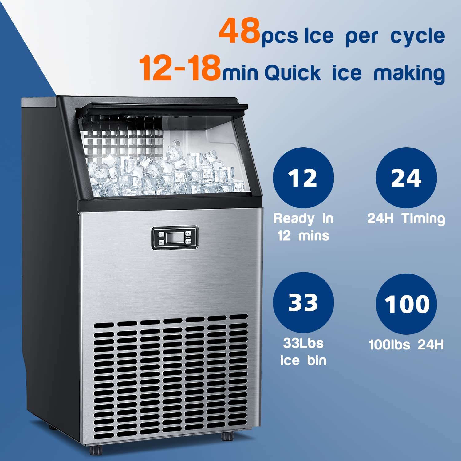 ZAFRO Commercial Ice Maker, 100lbs/24H Ice Machine with 33lbs Ice Bin, Self-Cleaning Under Counter Stainless Steel Freestanding Ice Maker for Restaurant/Bar/Cafe/Office Silver, Includes Scoop