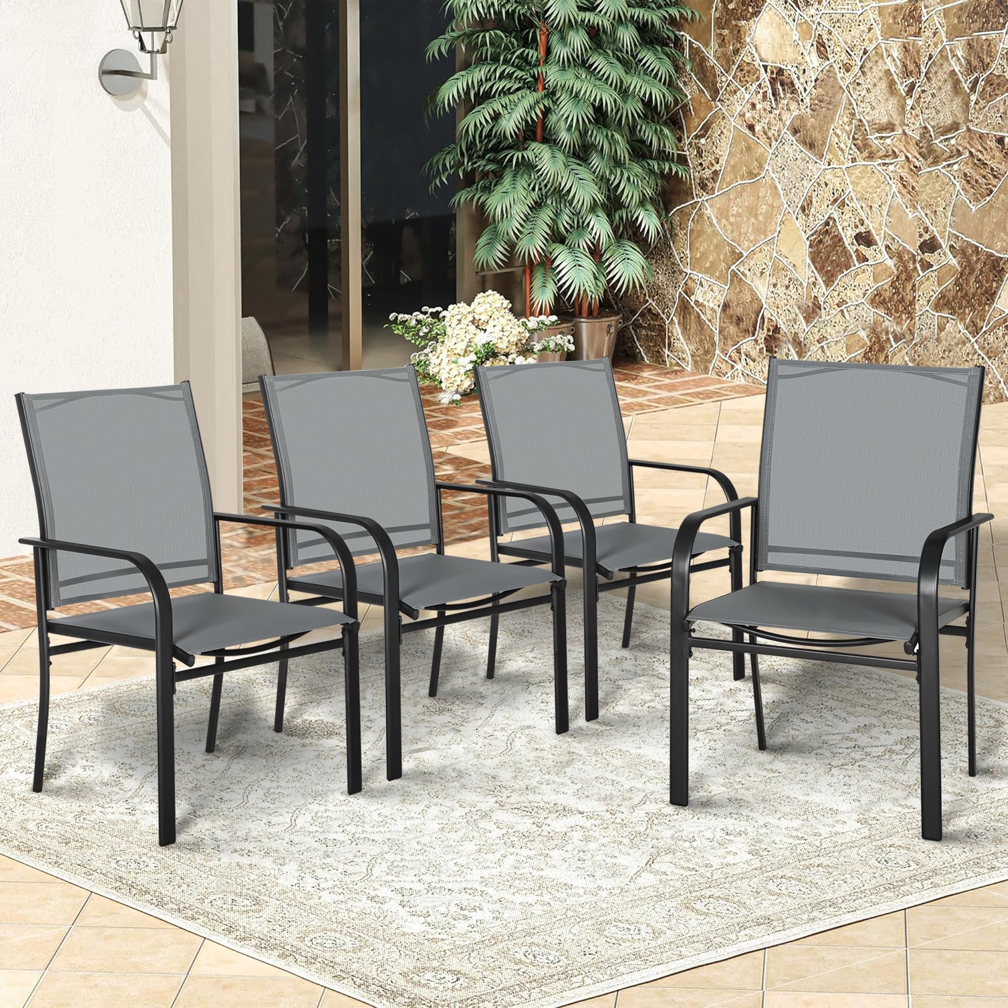 Brightpeak Outdoor Chairs Set of 2, Patio Dining Chairs with Armrest, All Weather Textilene Breathable Seat Fabric Chair for Backyard, Deck, Poolside (Grey)