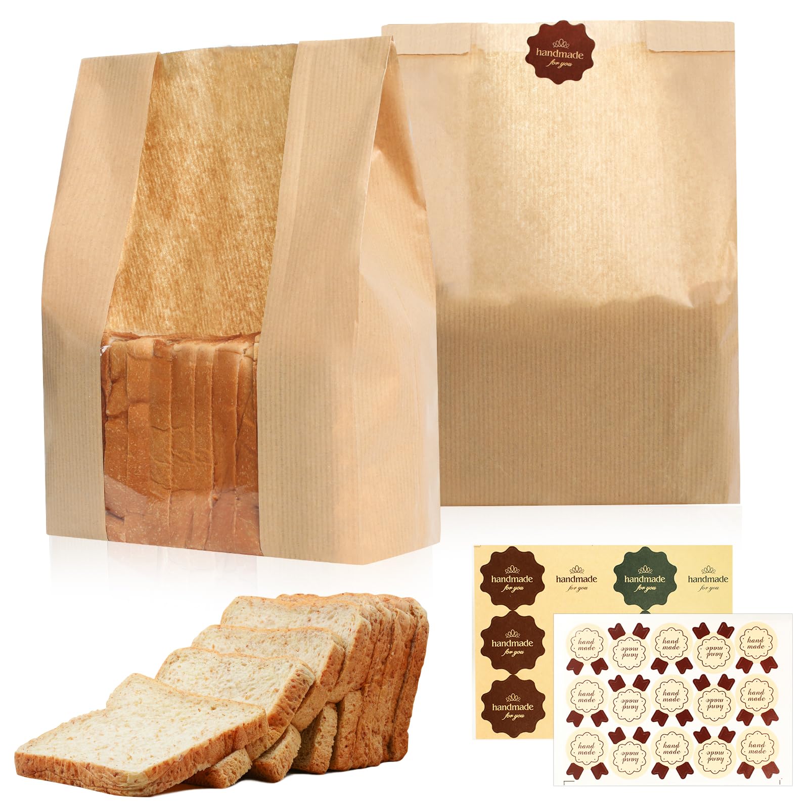 Funcoo 100 Pcs Paper Bread Bags for Home Bread Sourdough Bread Bakery Storage Bags with Window,Large Bakery Bread Loaf Bags for Baked Goods Packaging,Label Seal Sticker Included …
