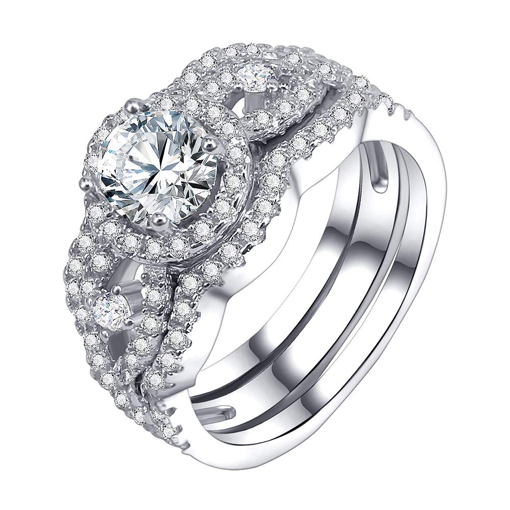 AOEDEJ 3 Piece Round Cut Halo CZ Ring 925 Sterling Silver Anniversary Wedding Band Engagement Ring Bridal Set (8)