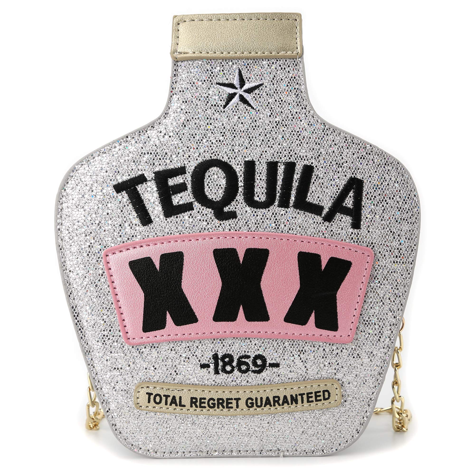 QiMing Tequila Bottle Shaped Laser Shoulder Handbags,Pu Crossbody Purse for women(Silver B)