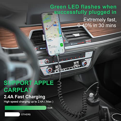 Coiled Lightning Cable Carplay[Apple Mfi Certified], USB to Lightning Cable Fast Data Sync with LED, Short Retractable iPhone Charger Cord for Car Compatible with iPhone 14/13/12/11 Pro Max/Pro/Xs Max
