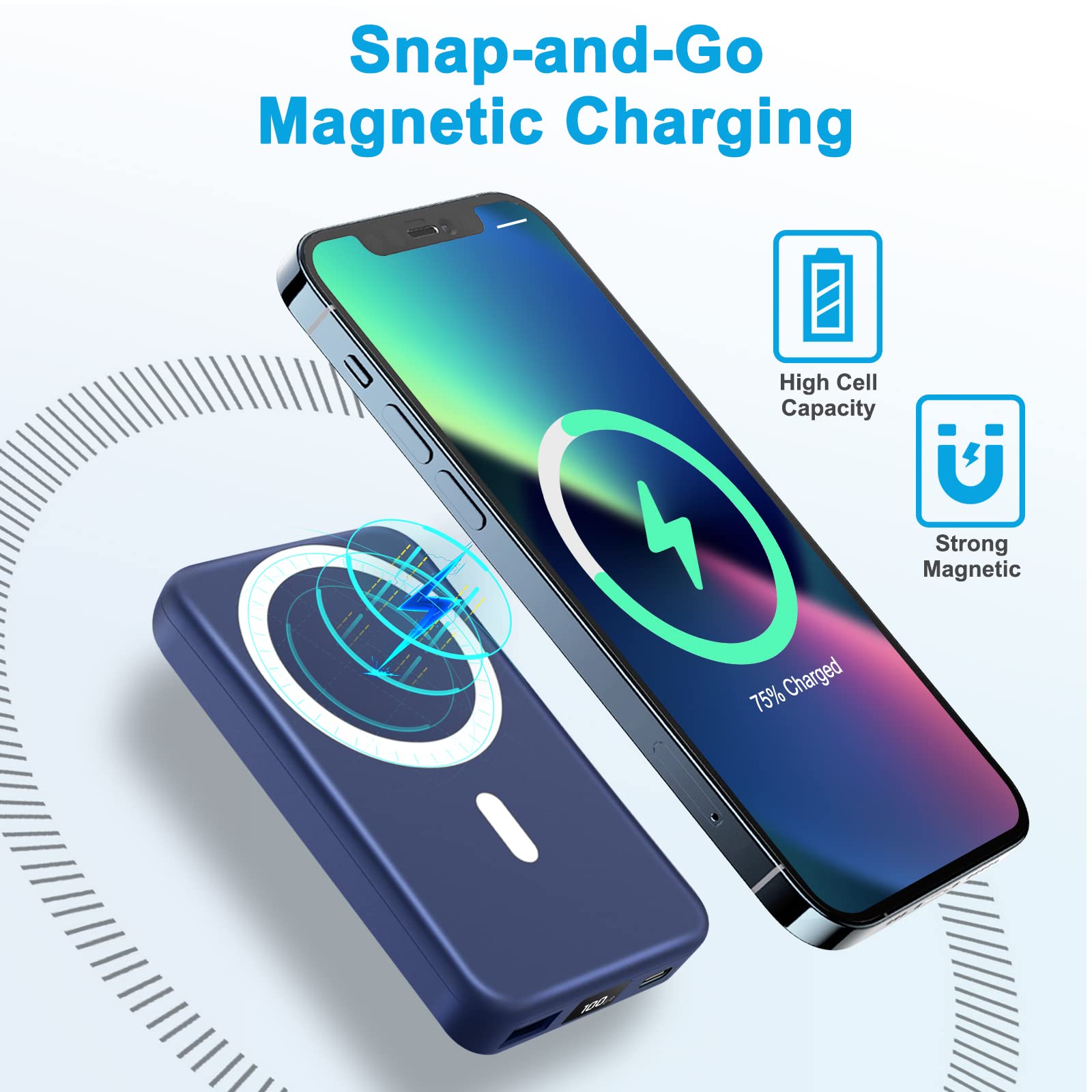 AOGUERBE Magnetic Wireless Portable Charger, 10000mAh Wireless Power Bank PD 22.5W Fast Charging with USB-C LED Display Mag-Safe Battery Pack Compatible for iPhone 15/14/13/12 Pro/Mini/Pro Max(Blue)