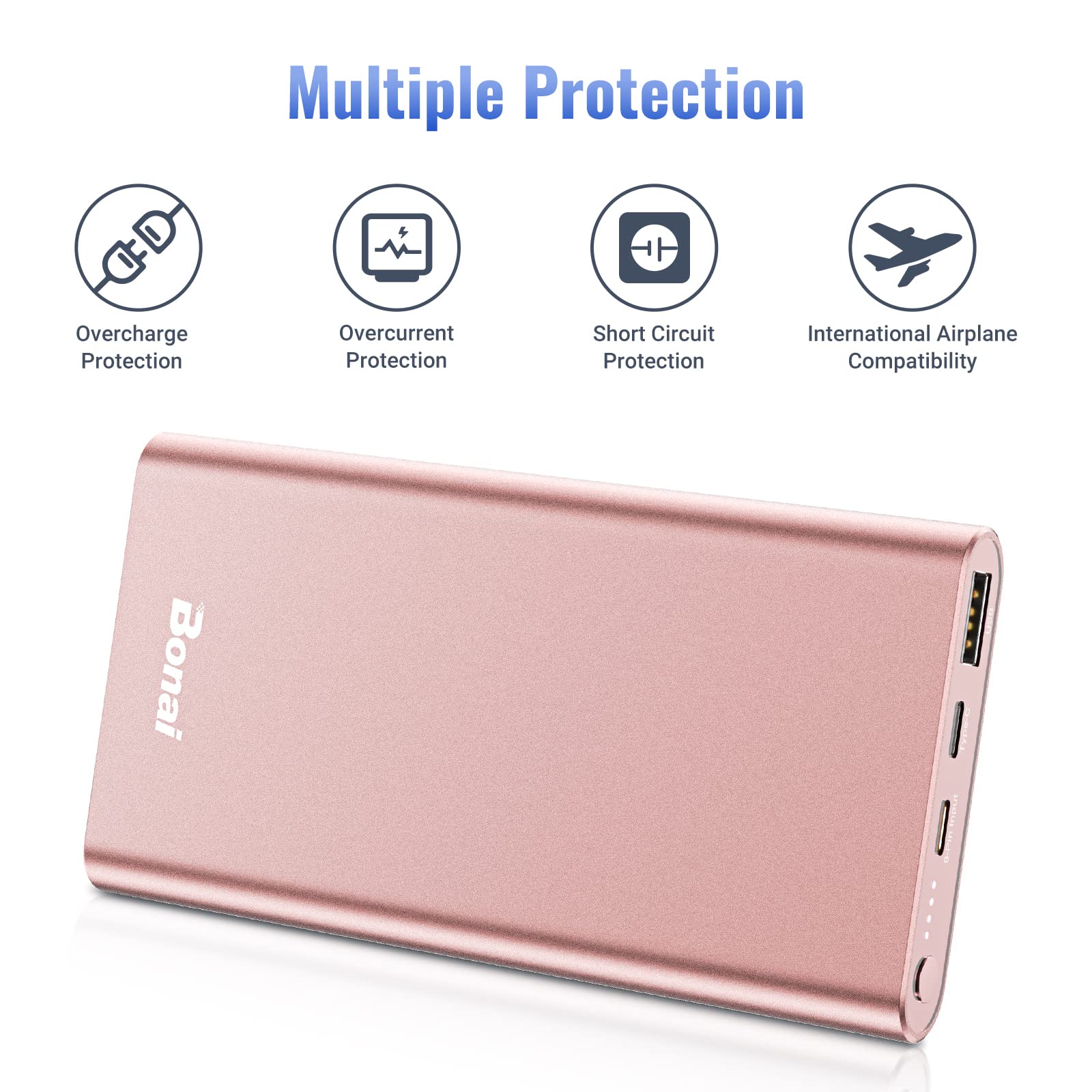 BONAI Portable Charger 12000mAh USB C Power Bank Battery Pack High-Speed 3.0A Output Compatible with iPhone 15/14/13/12 iPad Samsung Android- Pink