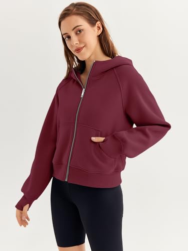AUTOMET Womens Oversized Sweatshirts Zip Up Cropped Hoodies Fleece Jackets Full Zip Pullover Sweater 2024 Fall Fashion Outfits Trendy Winter Clothes Winered