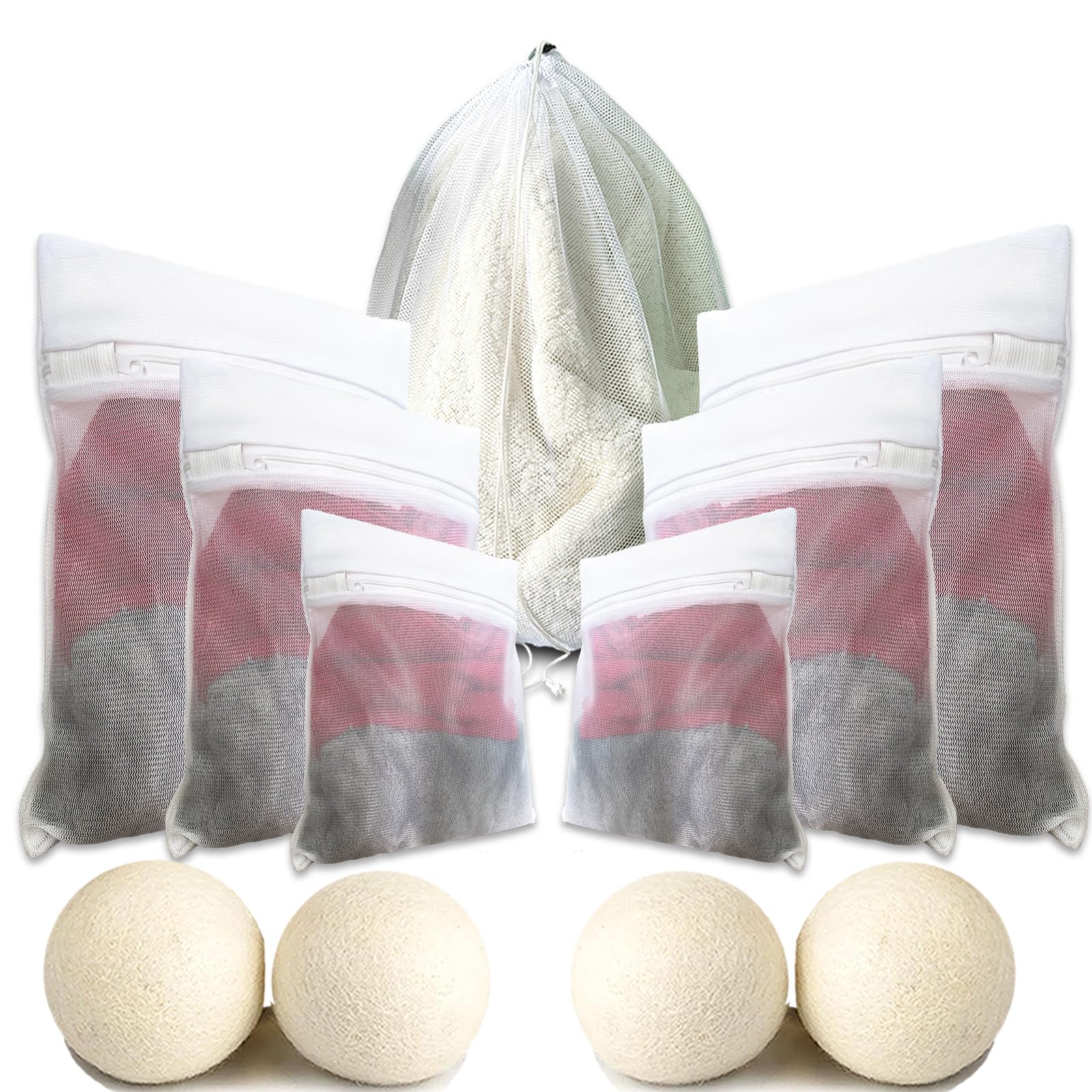 Mesh Laundry Bags Set, 11 Pcs Includes Drawstring Closure Jumbo Large Laundry Bag/Mesh Laundry Bags in Different Sizes and Wool Dryer Balls, Laundry Kit for Washing Machines