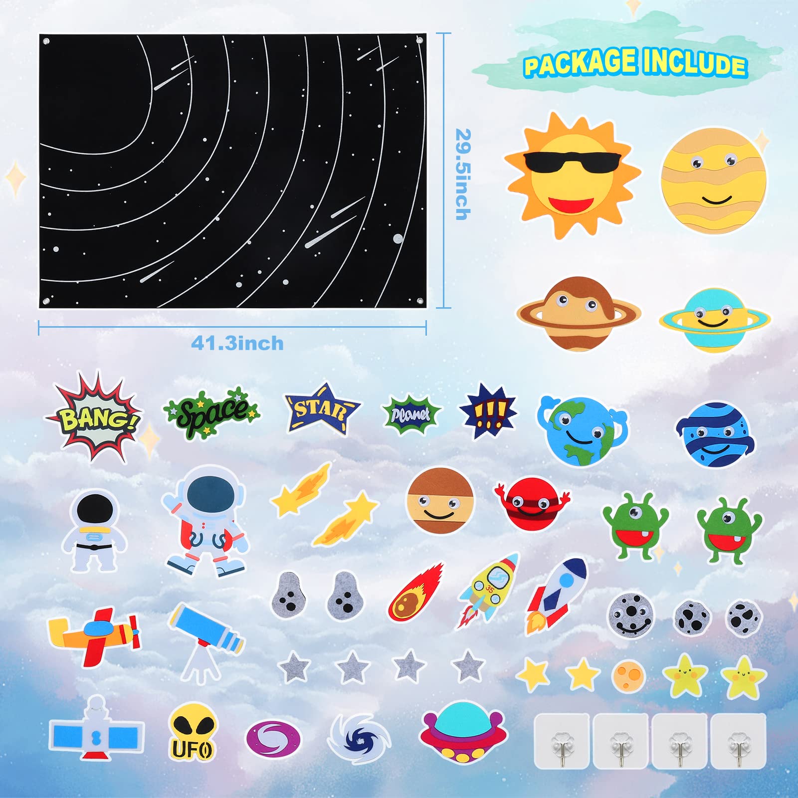 HomeMall 43Pcs Outer Space Felt Board Story Set, 3.5 Ft Toddlers Kids Solar System Universe Learning Storytelling Flannel Board, Rocket Astronaut Planets Galaxy Play Kit with for Boys Girls