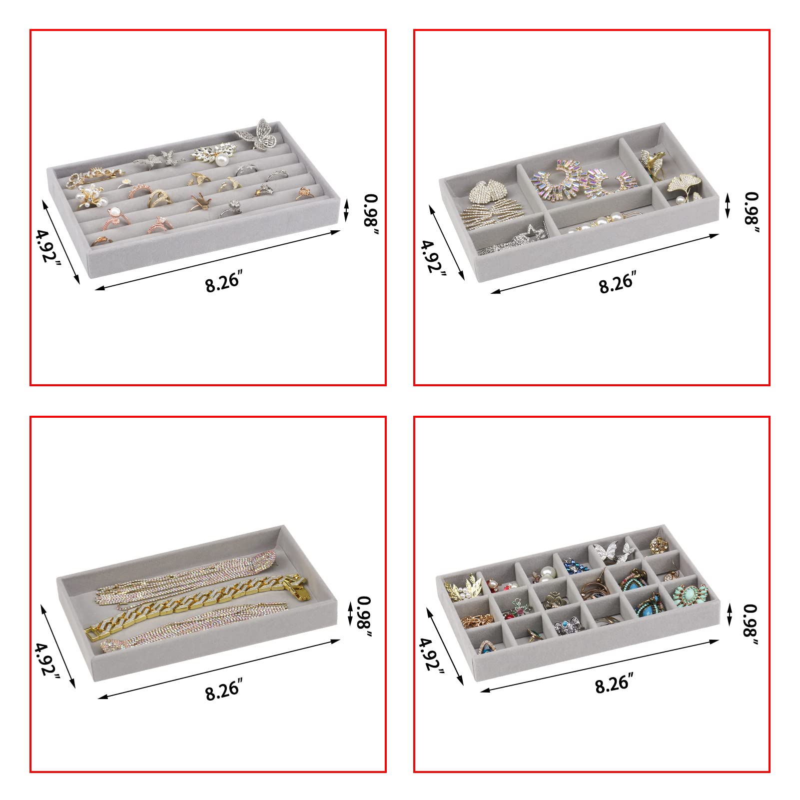Ptaedex Stackable Velvet Jewelry Trays Organizer for Drawers, Small Jewelry Drawer Organizer Display Tray for Earring Ring Watch Bangle Bracelet Necklace, Set of 4, Gray