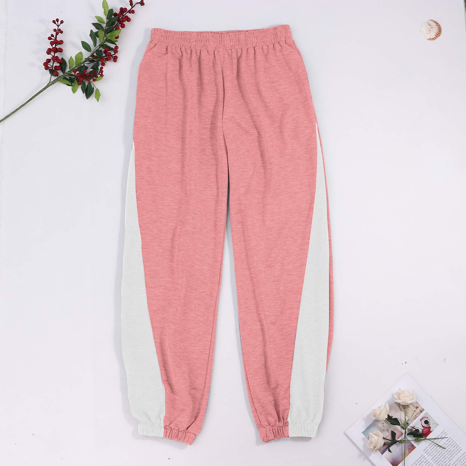 High Waist Jogger Pants for Women with Pocket Colorblock Sweatpants Cinch Bottom Elastic Waist Lounge Workout Trousers