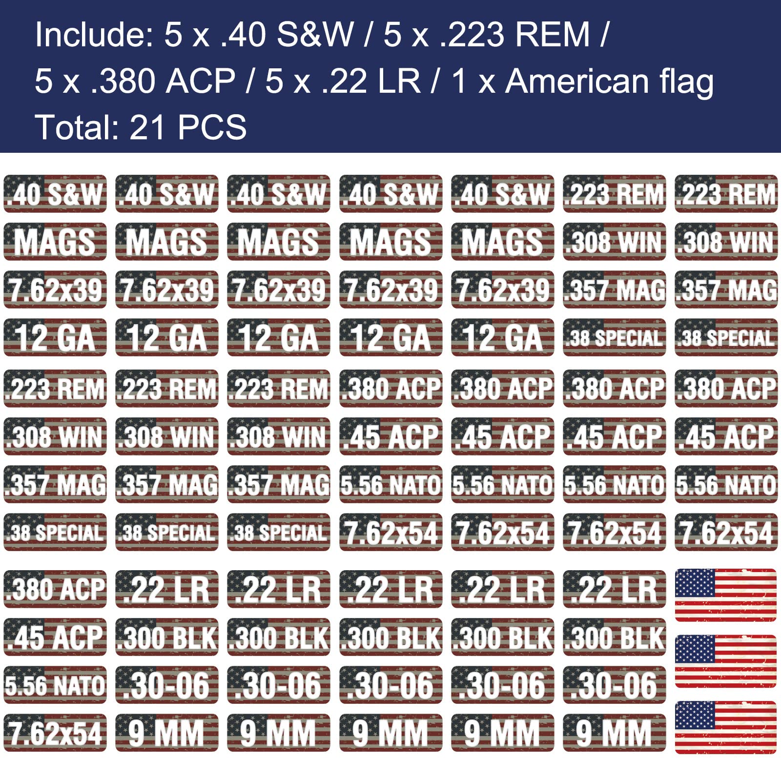 Aolamegs Ammo Can Vinyl Sticker Set Decal Label for Cans Cases Boxes .22 .223 .308 9MM .380 .45 5.56 7.62 12GA 300BLK (Choose Your Version)Black (80 Pack/16 Varieties (3 PCS USA FLAG STICKERS))