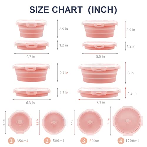 Collapsible Bowls Pink Kitchen Accessories Silicone Food Storage Meal Prep Containers with Lids Airtight Reusable for Camping Flat Box Stacks, BPA Free, Cute Freezer Microwavable Travel Food Container