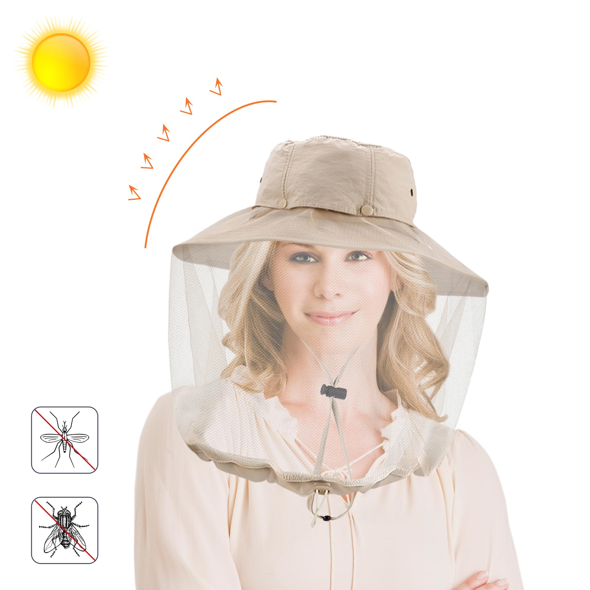 Mosquito Head Net Hat with Hidden Net Mesh for Outdoor Lover Hiking Fishing Beekeeping Gardening Men or Women (Khaki)