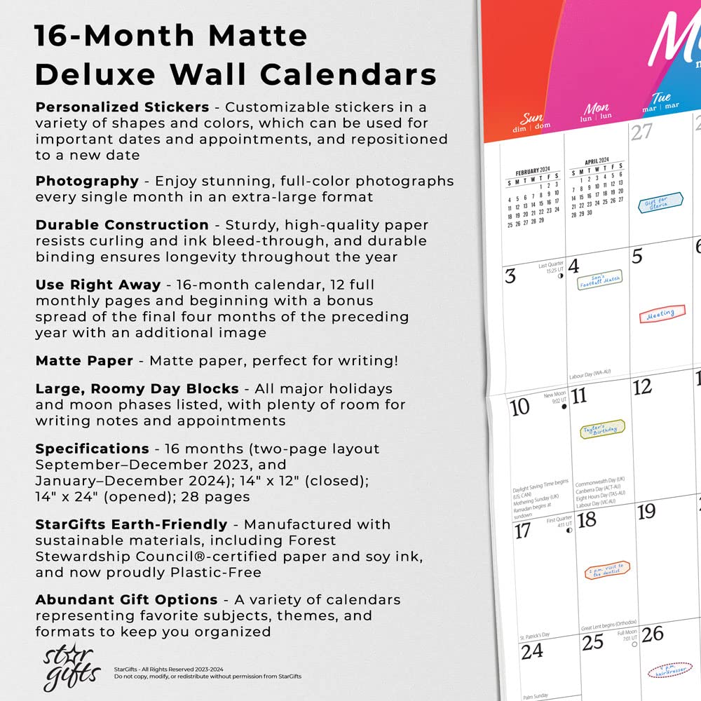 Big & Bright Large Print | 2024 14 x 24 Inch Monthly Deluxe Wall Calendar | Matte Paper and Sticker Sheet | StarGifts | Easy to See Large Font