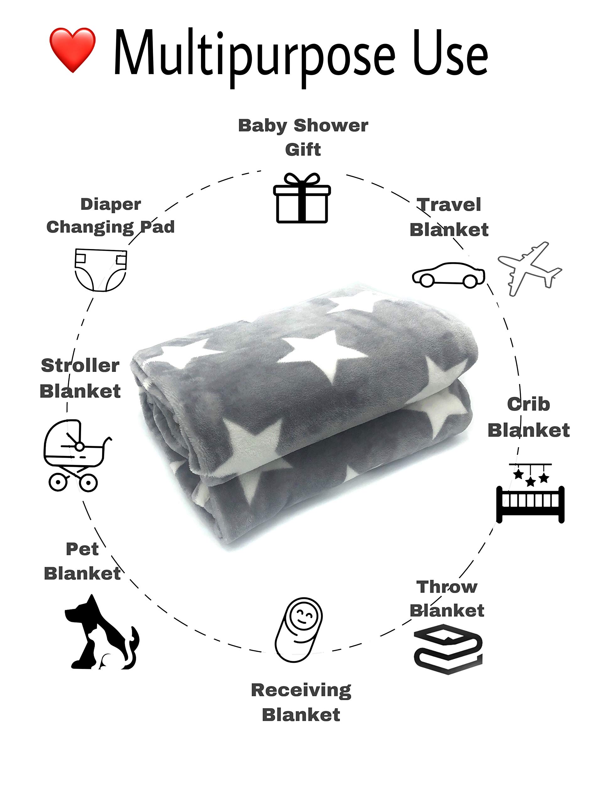 Baby Blanket - Super Soft Blanket for Girls & Boys. Large Blanket (34.5"x47") Warm Throw Blanket for Cribs & Strollers, Receiving Blanket, Gray with White Star Blanket