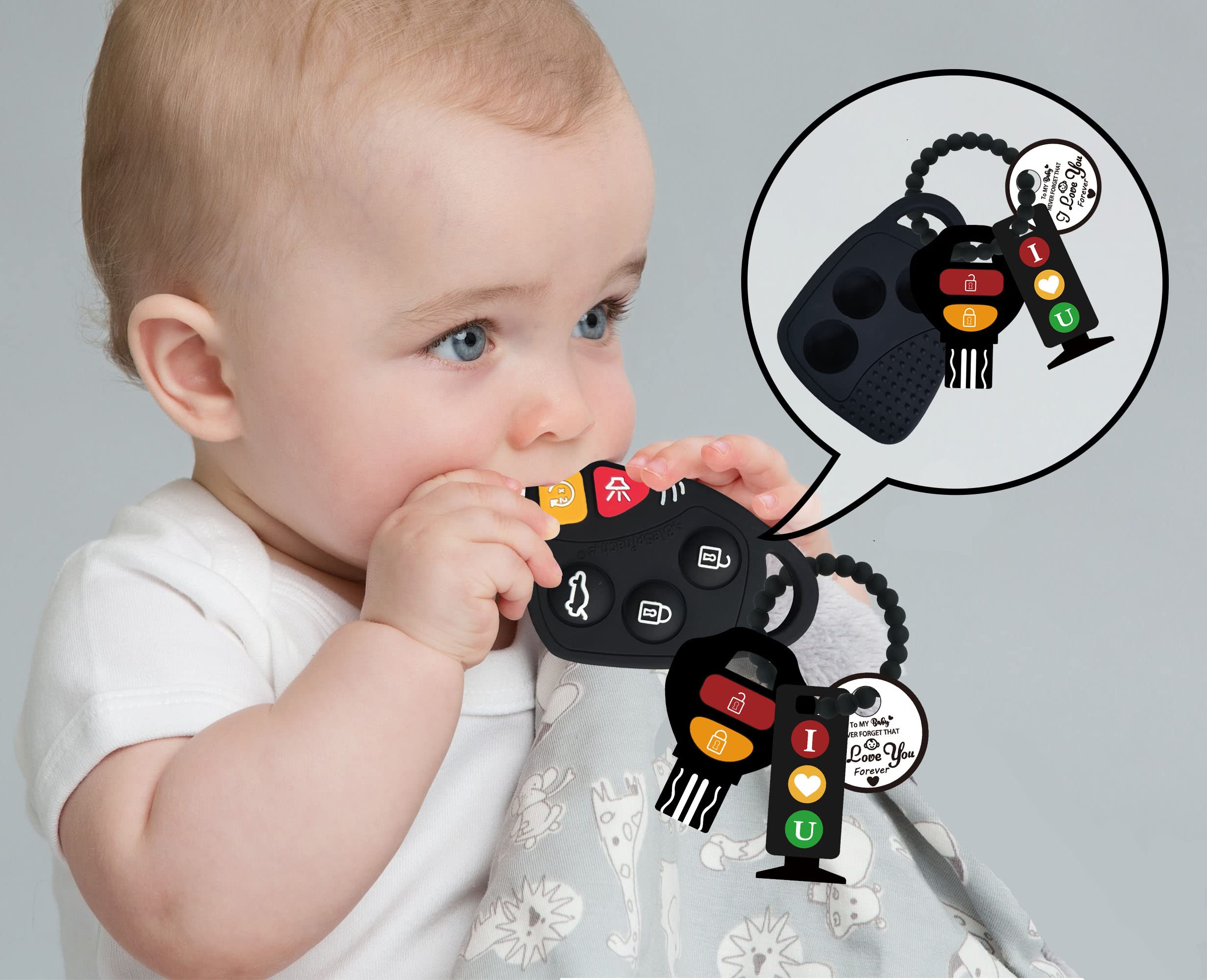 BIGSPINACH Car Keys Teething Toys Combo Set,Traffic Light Keys teether Toy,Teething Car Key Remote Control for Baby Teether Toys 6 to 12 Months（Black）