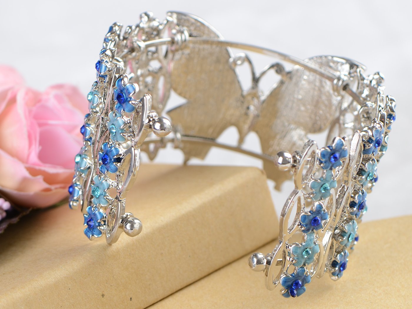 Alilang Silver Tone Blue Enamel Floral Crystal Rhinestone Flower Butterfly Cuff Bangle Bracelet