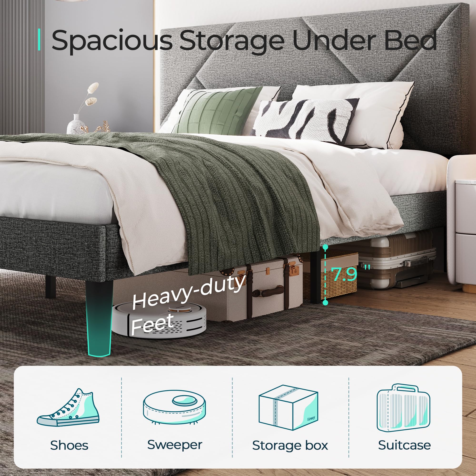 LINSY Queen Bed Frame with Adjustable Headboard, Linen Upholstered Platform Bed with Solid Wooden Slats, Heavy Duty Bed Queen Size, NO Box Spring Needed, Noise-Free, Grey