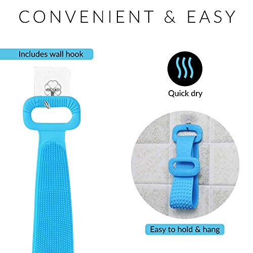 Exfoliating Back Scrubber, Silicone Body & Back Scrubbing Brush for Acne Sweat Blackheads, Double Sided Cleaning Shower Strap, Silicone Scrubber Belt for Bath & Shower, Extra Long Length 30” (Blue)