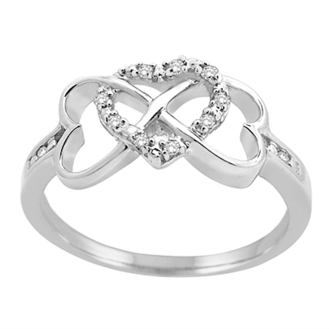 AoneJewelry 0.07ct Diamond Three Hearts Infinity Ring in Sterling Silver for Women with accent diamonds