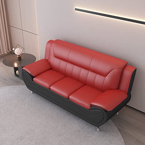 Container Furniture Direct Modern Style Faux Leather Sofa with Extra Comfortable Pillow Top Armrests Ideal for Living Room, Bedroom or Home Office Couch, 79.2ββ Wide, red/Black